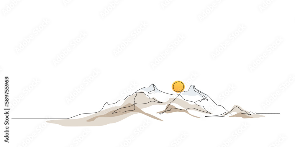 Continuous line drawing of sun and mountain range landscape background ...