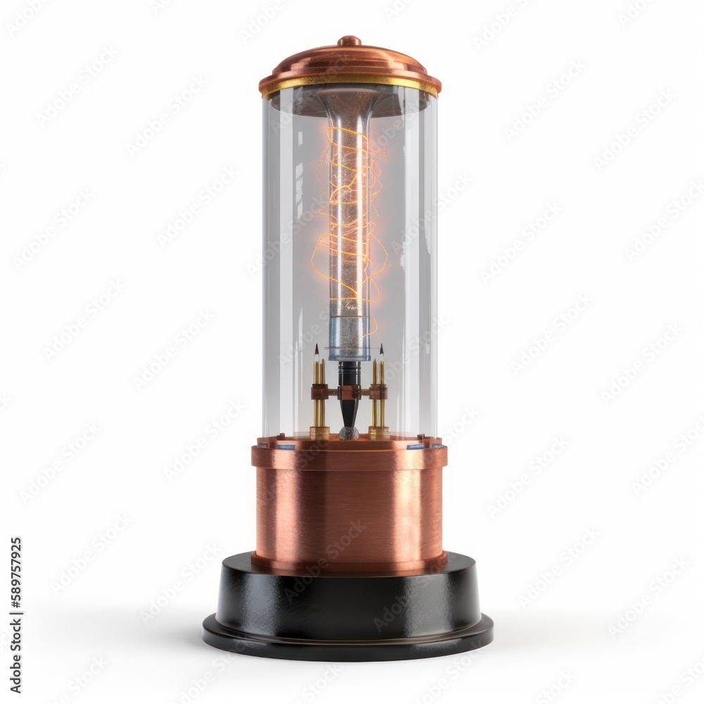 Tesla coil isolated on a white background, high-voltage electrical ...