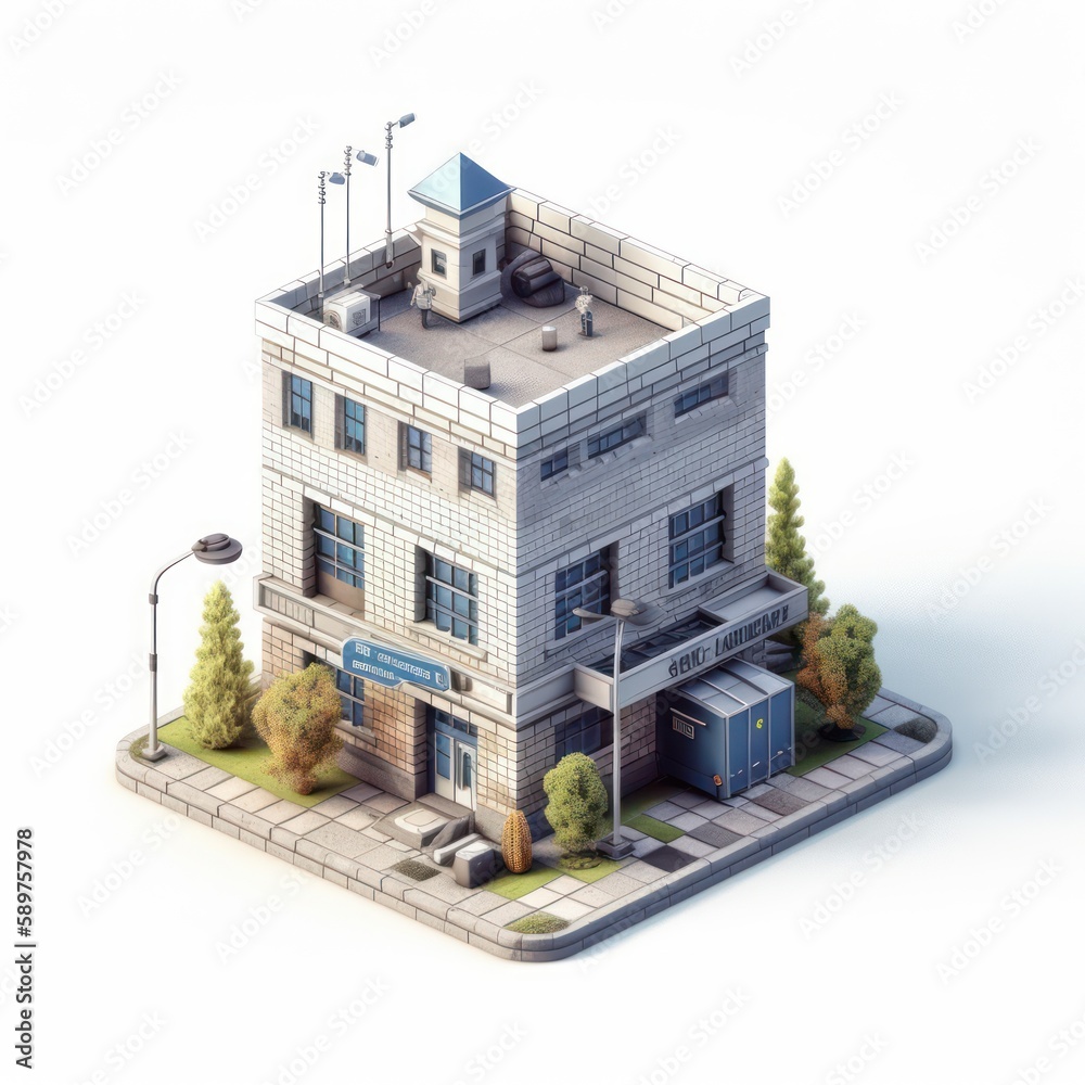 Isometric police station isolated on a white background, modern law ...