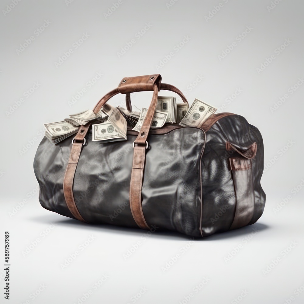 Duffle bag filled with cash isolated on a white background, symbolizing ...