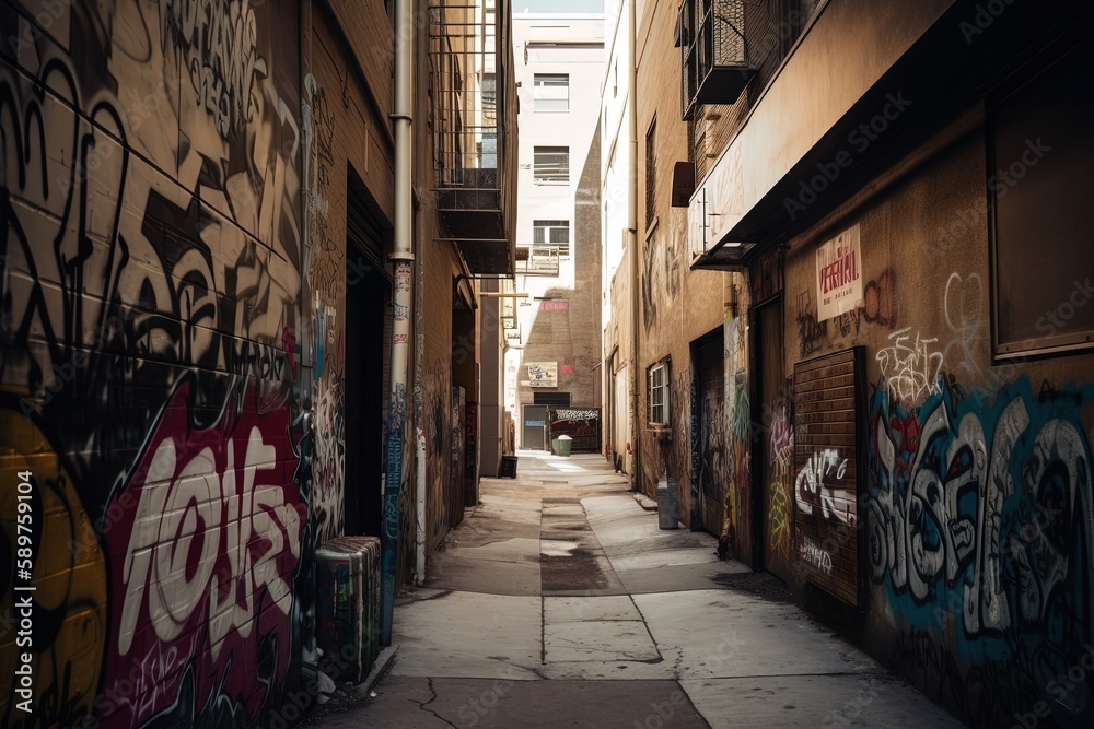 An urban alleyway with graffiti and vintage signage in the late ...