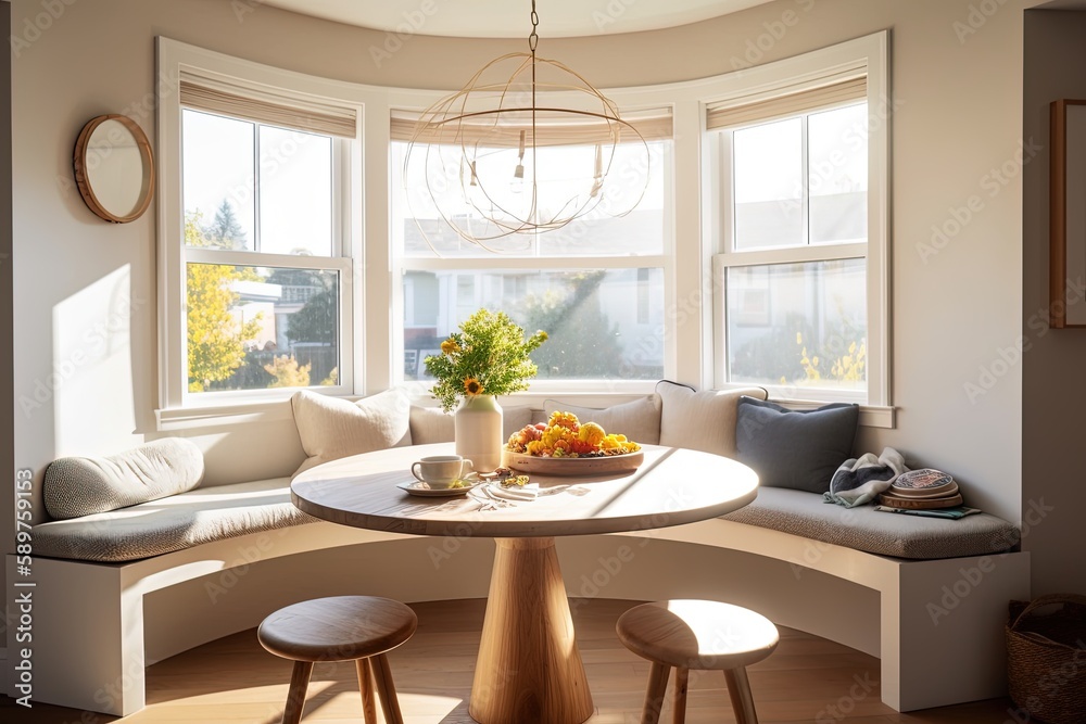 Breakfast nook with a built-in bench a round table and plenty of ...