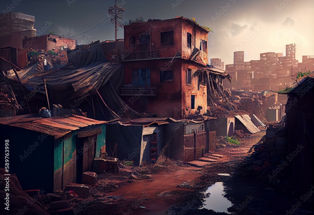illustration of Slum landscape, inspired from Dharavi slum in Mumbai, India. Generative AI Stock ...