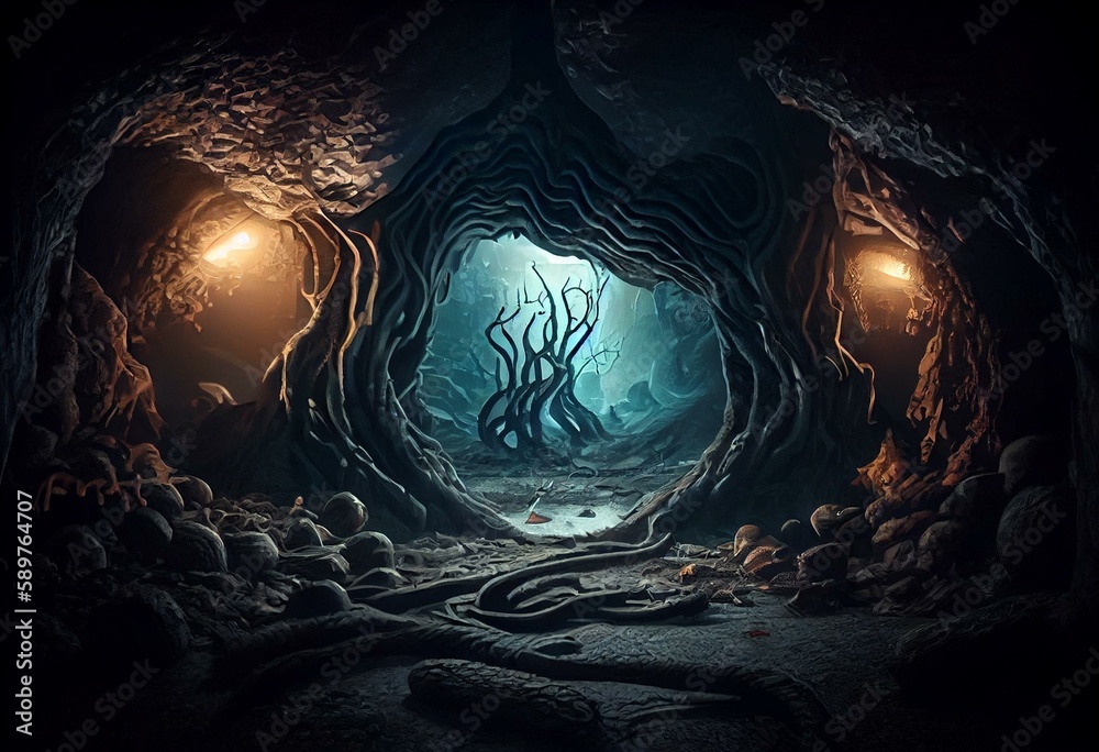 Horrifying Dark and creepy cave with tentacle monsters, Digital art ...
