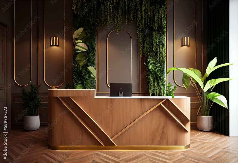 Front view on stylish reception desk made from natural wooden slab with ...
