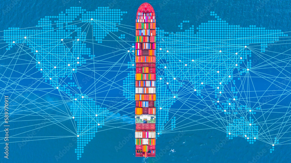 Container Ship Carrying Container For Business Freight Shipping Import And Export Aerial View