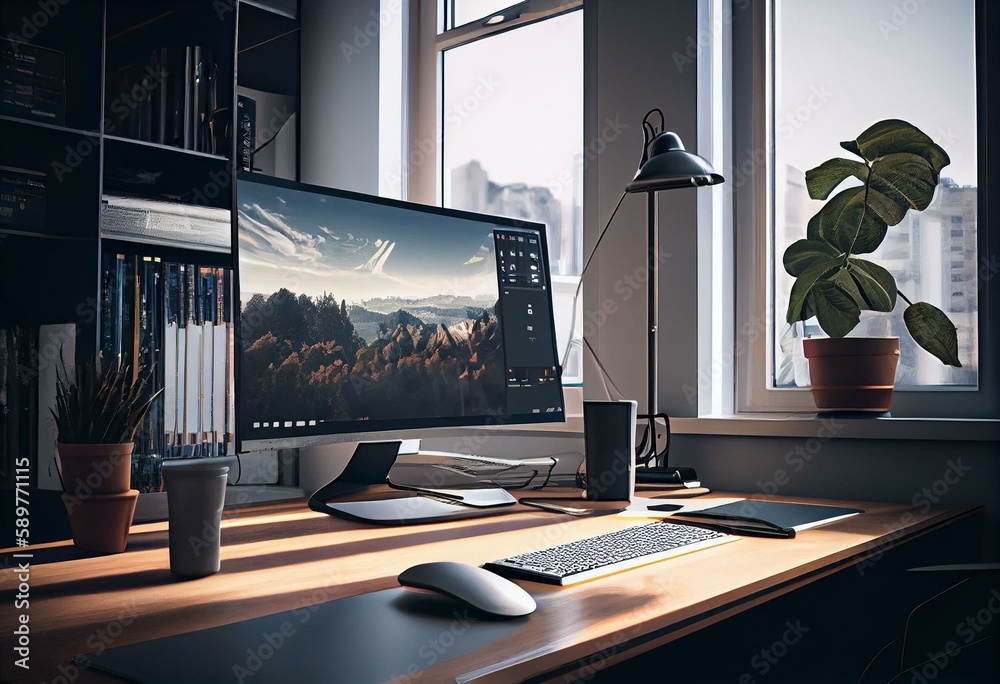 Light office interior desk with computer and panoramic window. Mockup ...