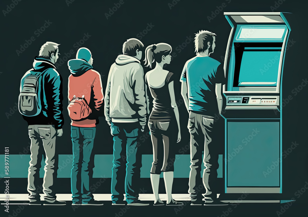 Angry People standing around a malfunction ATM cannot get money out ...