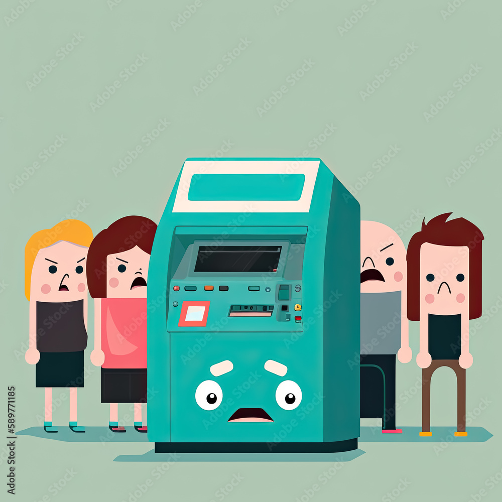 Angry People standing around a malfunction ATM cannot get money out ...