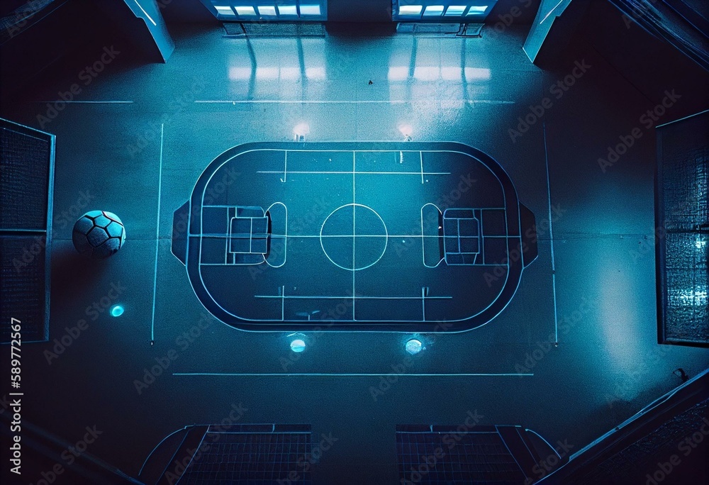 Blue futsal indoor soccer field with ball in center view from above ...