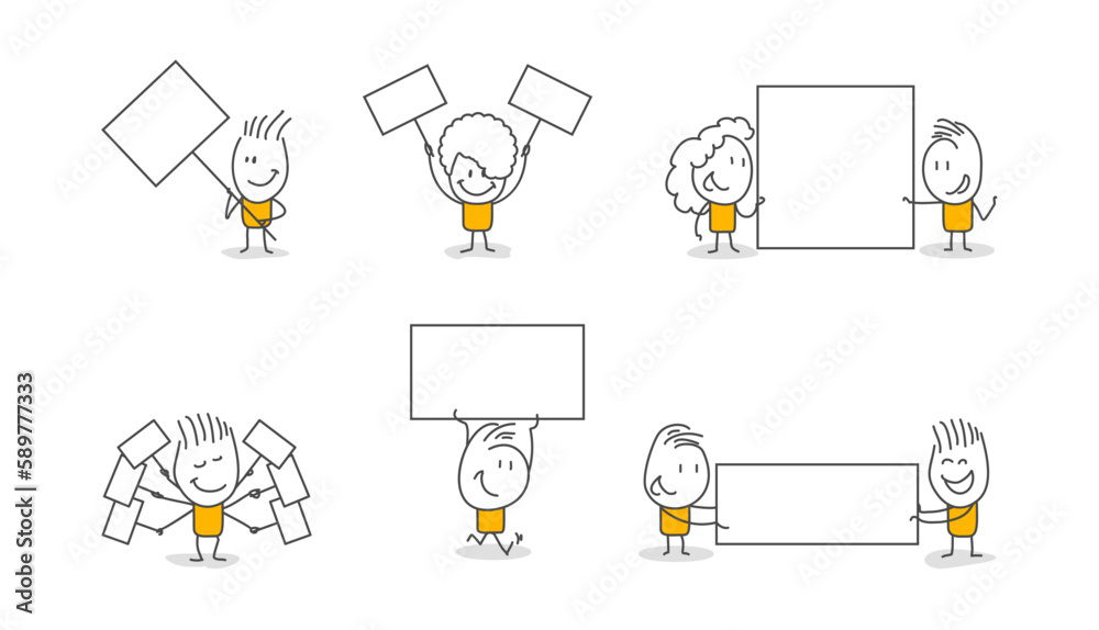 Stick figures. Blank banner set. Vector illustration of people holding ...