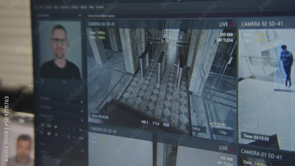 Close up shot of computer screen showing footage of surveillance ...