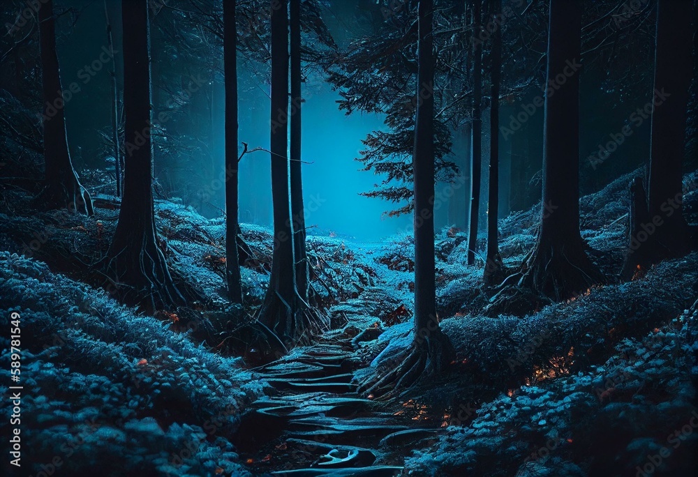 Blue Forest Landscape, 4K Wallpaper, Blue, Night. Generative AI Stock ...