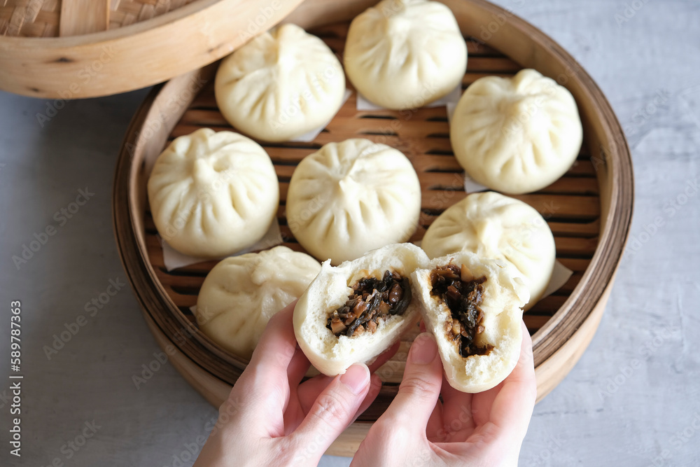 Delicious homemade Chinese pastry. Steamed Mui Choy Bao aka Pickled ...