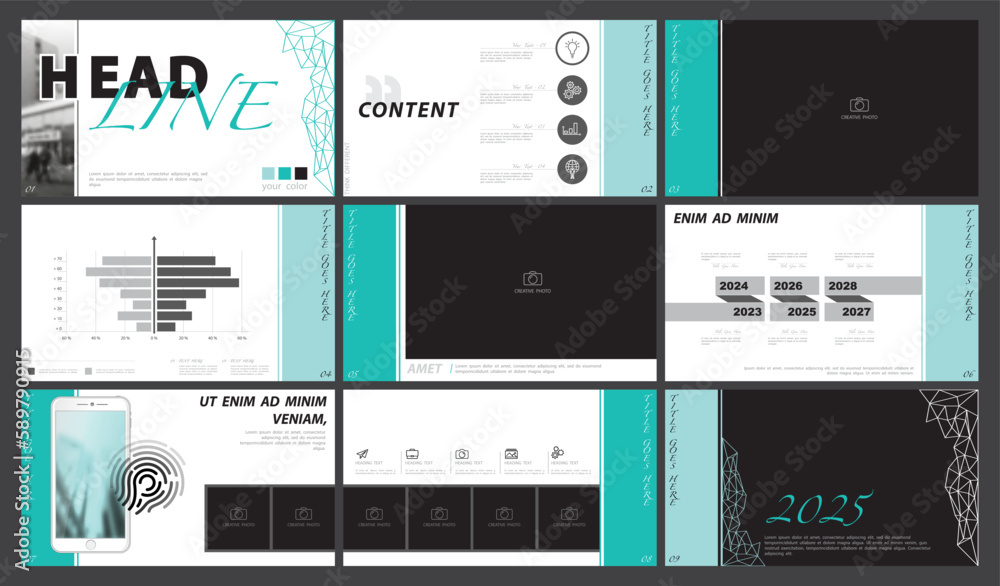 Business presentation template. Vector set, elements of infographics, blue, black design, white ...