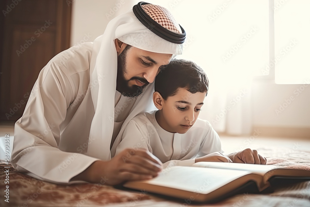 Cheerful little muslim child hugging his Muslim dad and reading book at ...