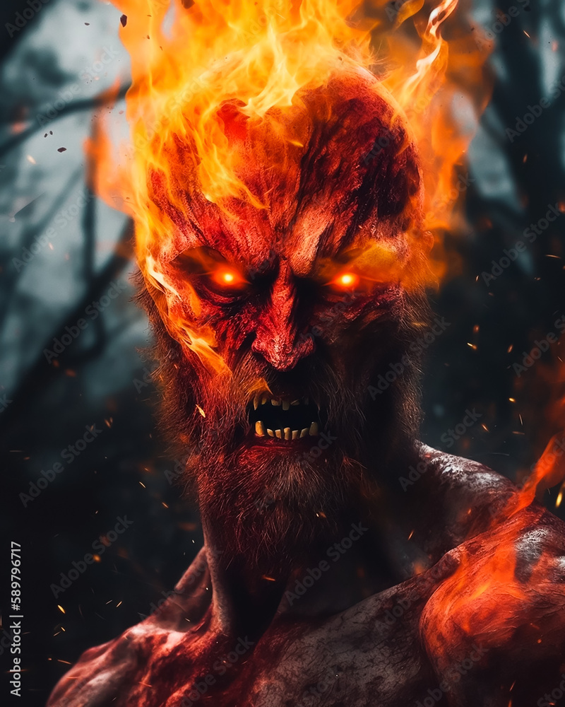 Demon from hell in Fire flame and molten lava Deadly furious look and ...
