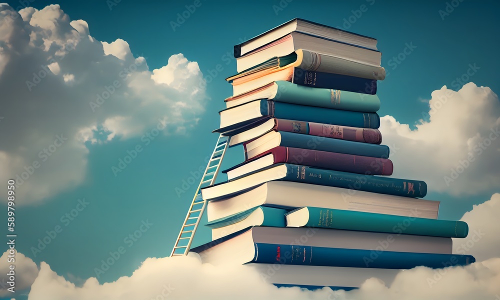 Abstract book stack with ladder on sky with clouds background. Ladder ...