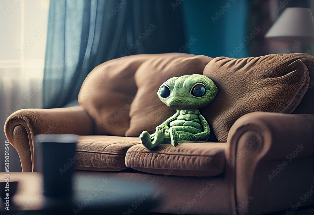 Alien sits on a sofa and chills with a floating UFO AI generated ...