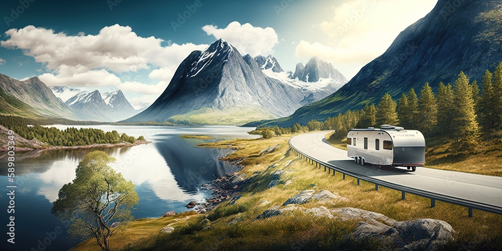 On the highway, a VR caravan makes its way. Vacationing and sightseeing ...