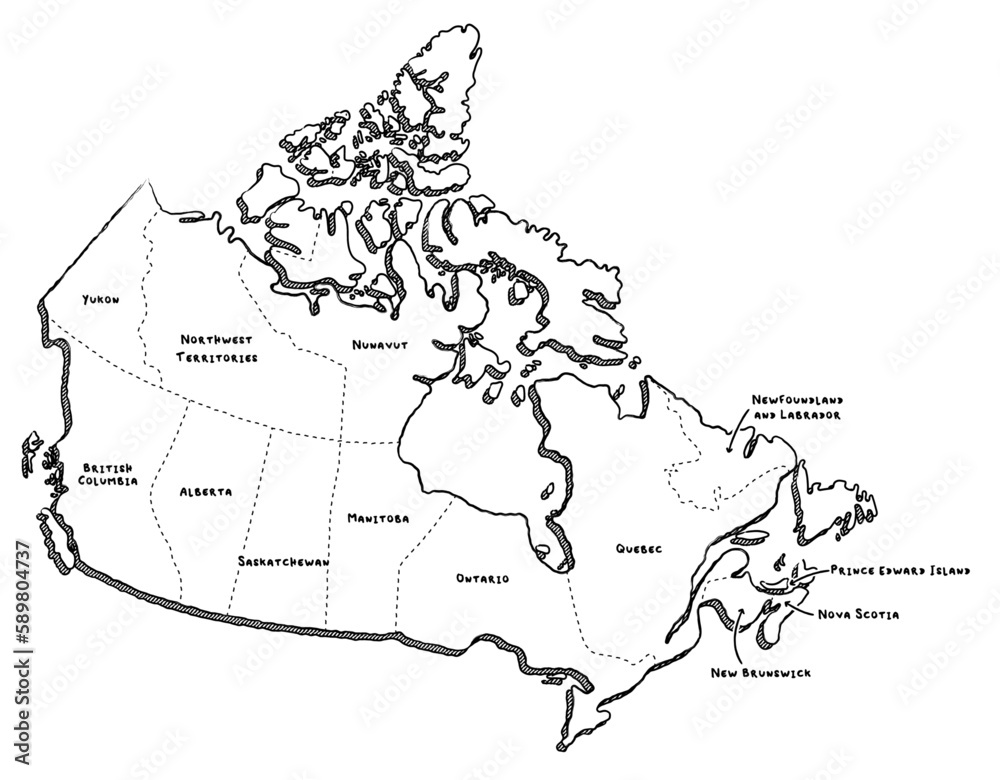 Vector hand drawn map of Canada. Canadian provinces and territories ...