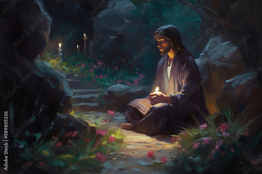 Jesus Christ sitting on a path with flowers and praying, Gethsemane art ...