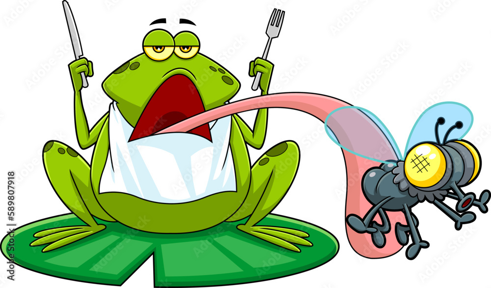 Frog Cartoon Character On A Leaf Catching Fly. Vector Hand Drawn ...