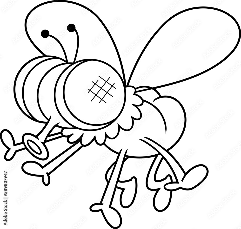 Outlined Funny Fly Cartoon Character Flying. Vector Hand Drawn ...