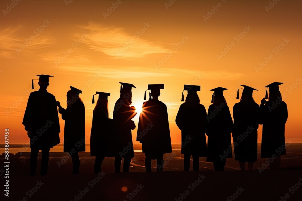 Silhouettes of students with graduation caps in a row on sunset ...