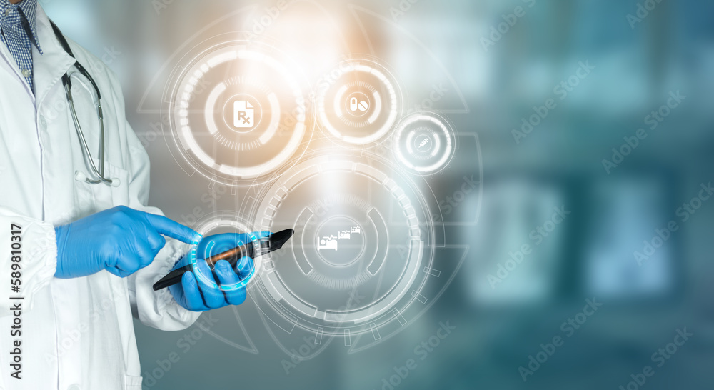 Doctor touching telephone to check patient's prescription through to ...