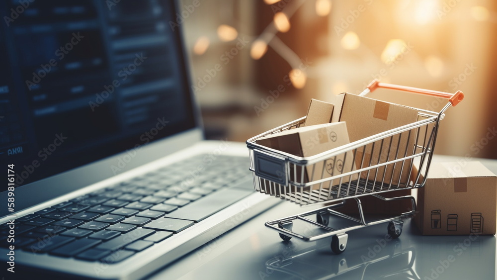 E-commerce. Shopping cart with cardboard boxes with Generative AI ...