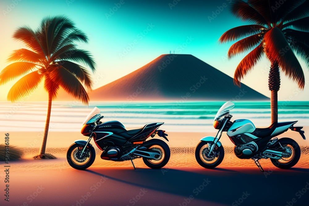 Motorcycle park in sea beach, Enjoying summer vacation with riding ...