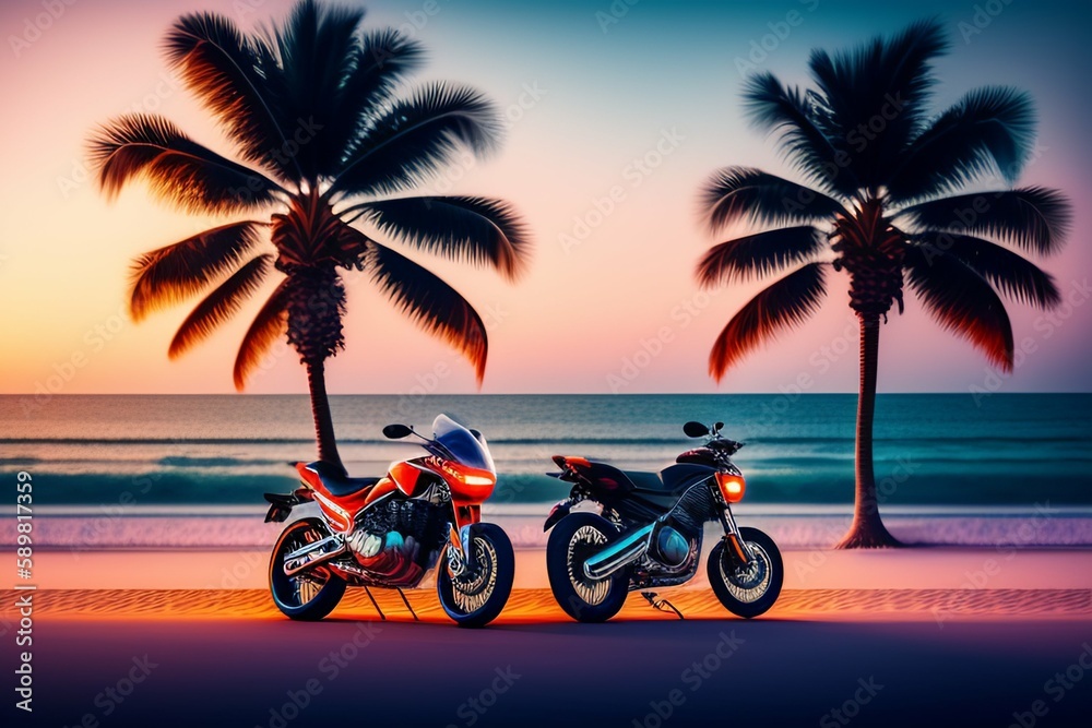 Motorcycle park in sea beach, Enjoying summer vacation with riding ...