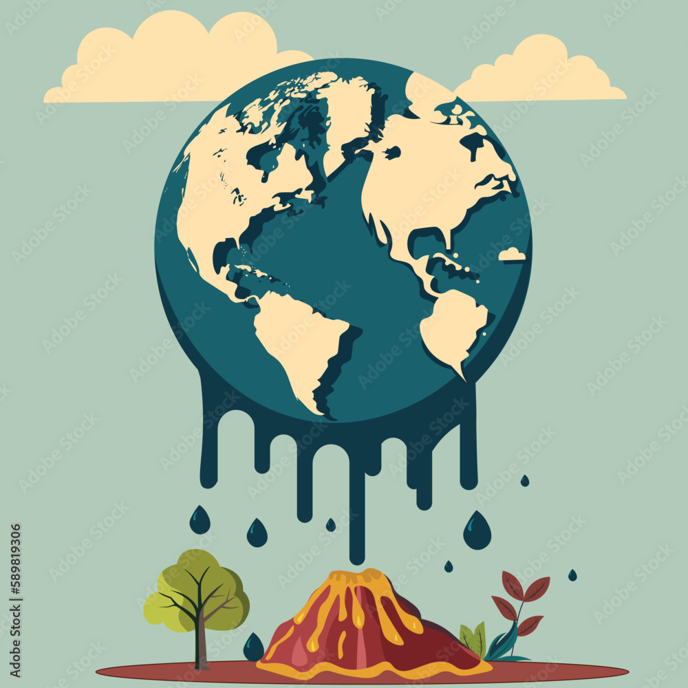Vector Illustration of Earth Globe Dripping Over Volcano And Nature ...