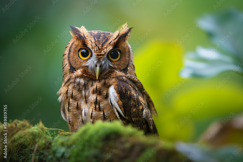 principe scops owl - rare bird on a branch of an old tree in the ...