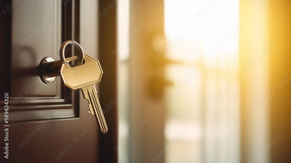 Opening door with golden house key chain on fuzzy interior background ...