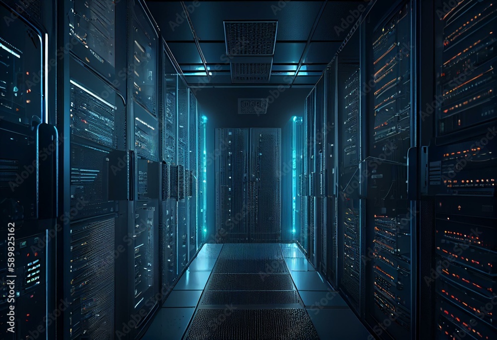 Dark blue 3d render of server racks in network security room of data ...