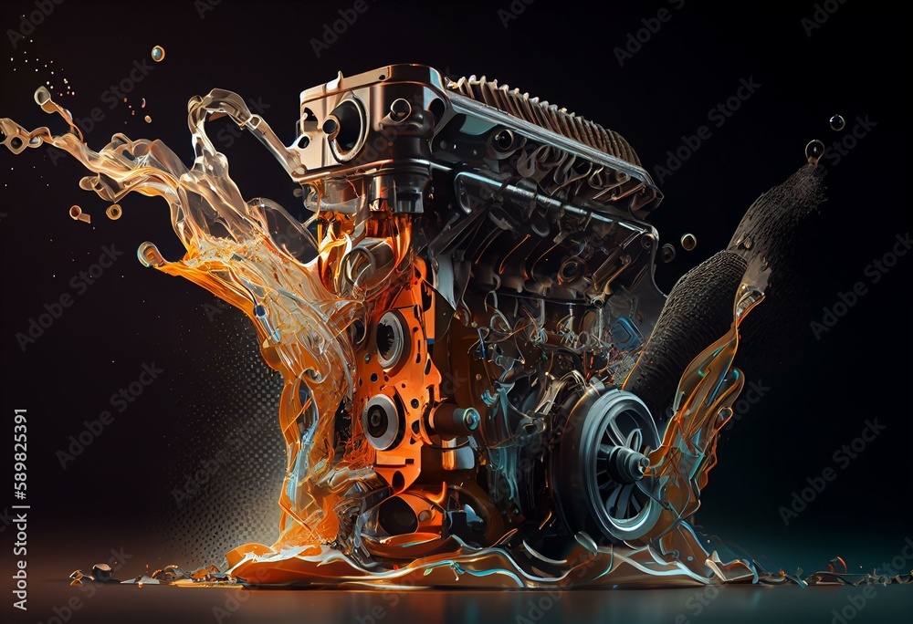 Transparent background engine with oil splash and timing chain ...