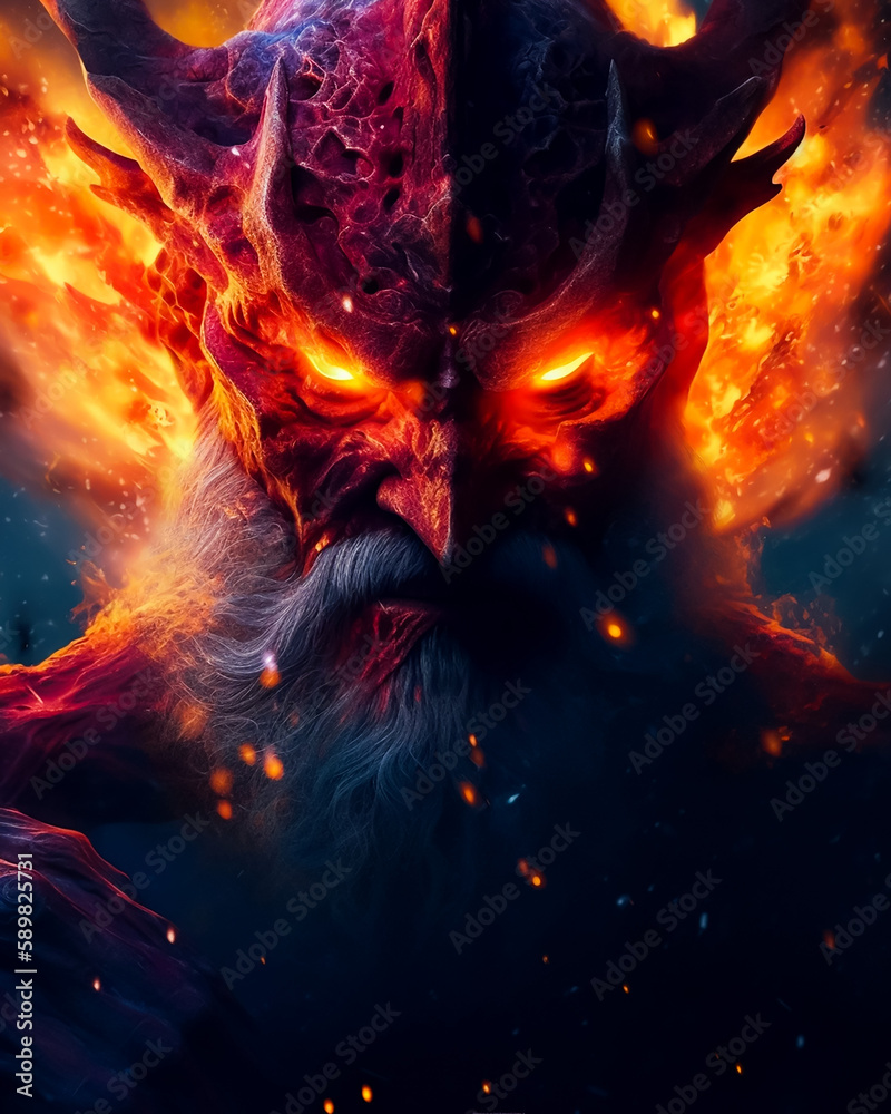 Demon from hell in Fire flame and molten lava Deadly furious look and ...