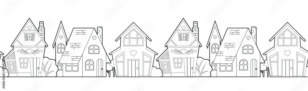 Vector seamless border with a contour country houses on white ...