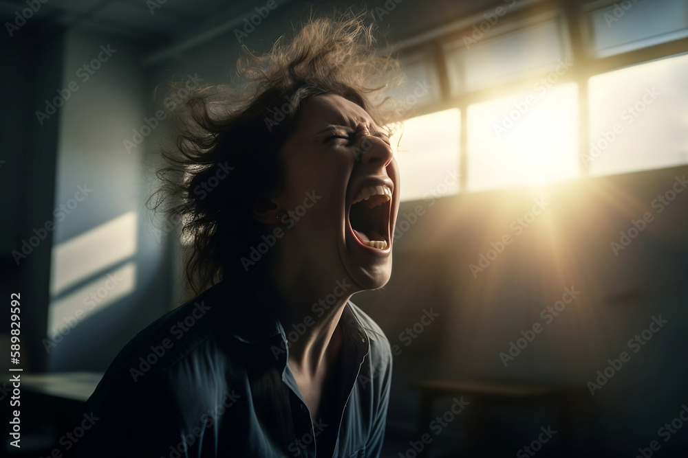 Man woman is furious shouting inside dark room, man is screaming with ...