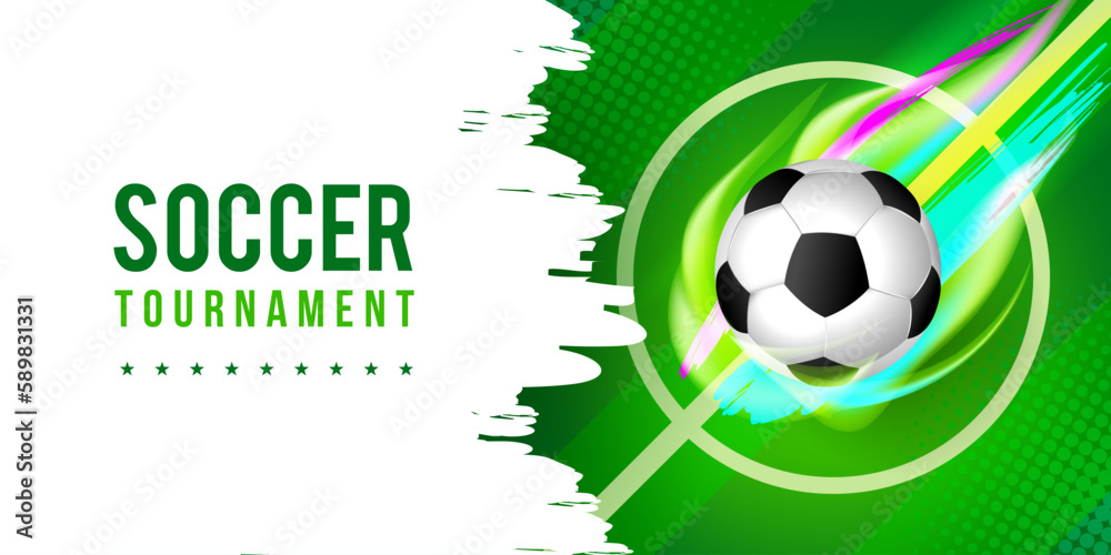 Soccer tournament banner design vector illustration. Ball with light ...