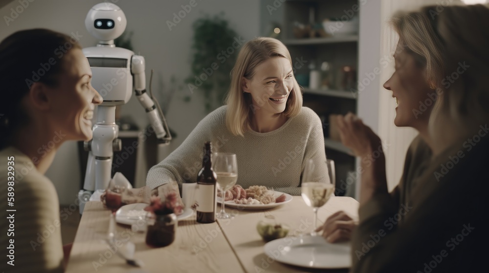 The family smiling and laughing happily at the dining table at home ...