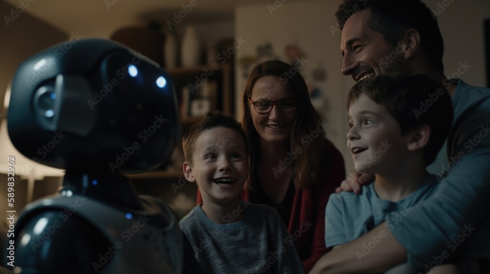 Family members and a humanoid robot talk and laugh together happily at ...