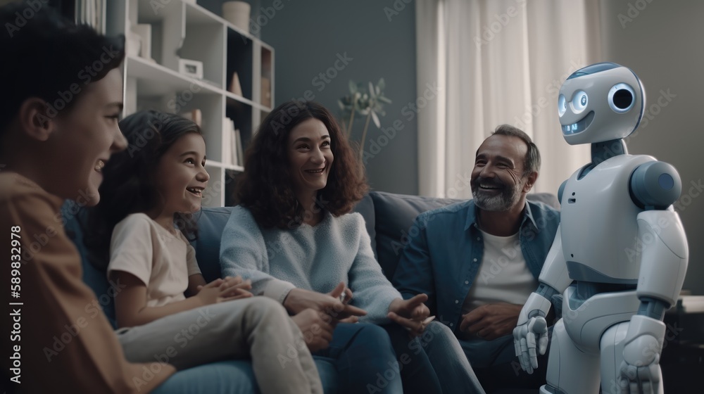 Family members and a humanoid robot talk and laugh together happily at ...