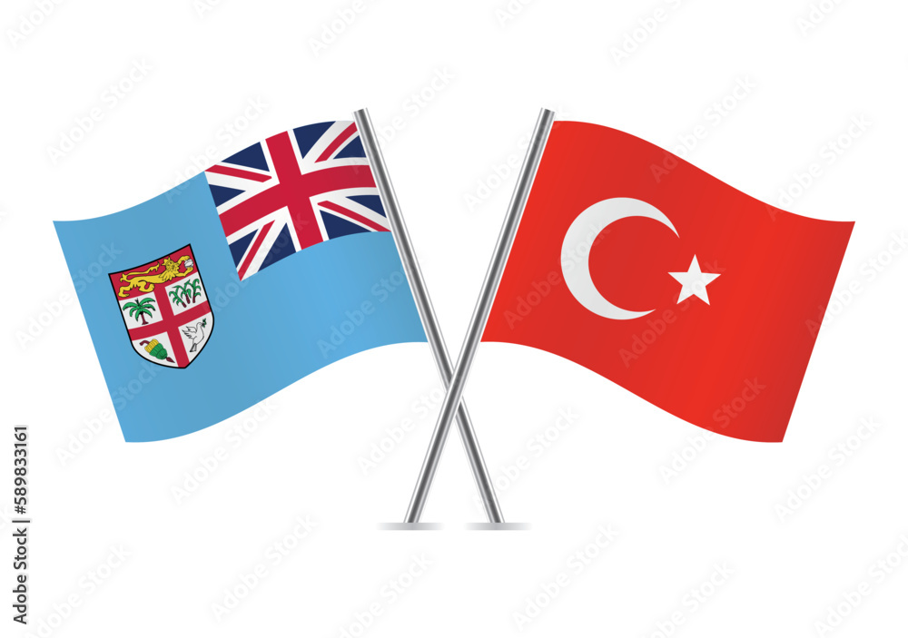 Fiji and Turkey crossed flags. Fijian and Turkish flags on white ...