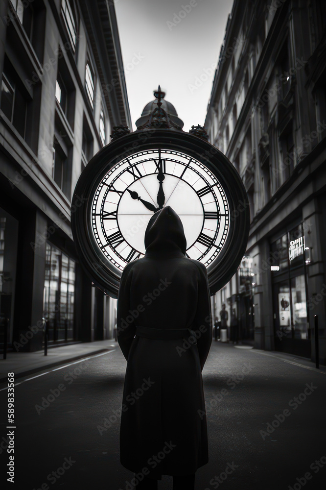 Surreal Time Perception: Person Gazing at Clock, Symbolizing Rapid ...