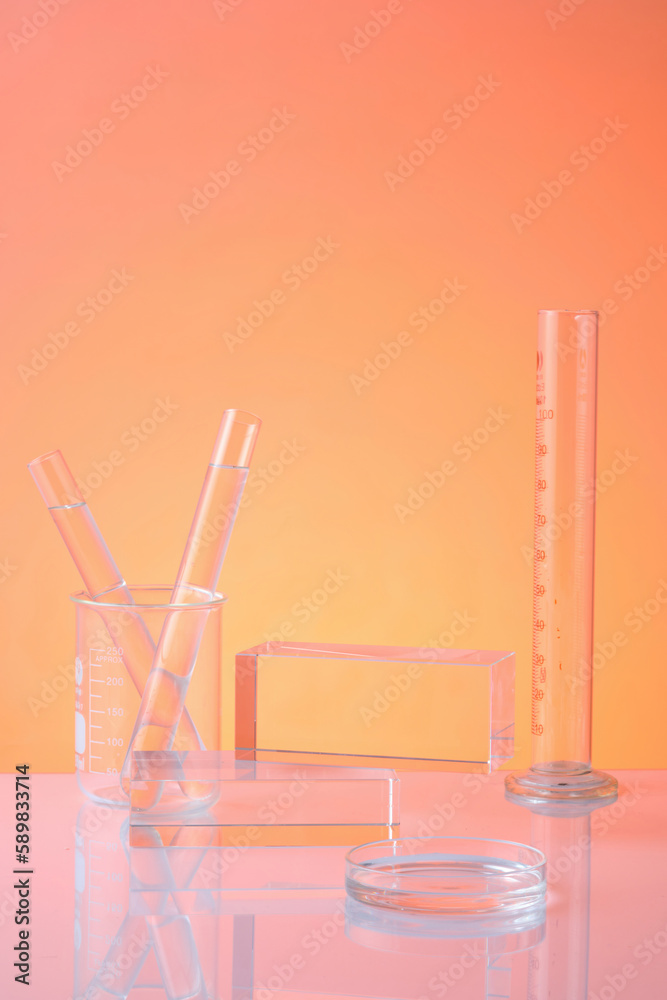 Minimal background with laboratory equipment - test tubes in beaker and ...