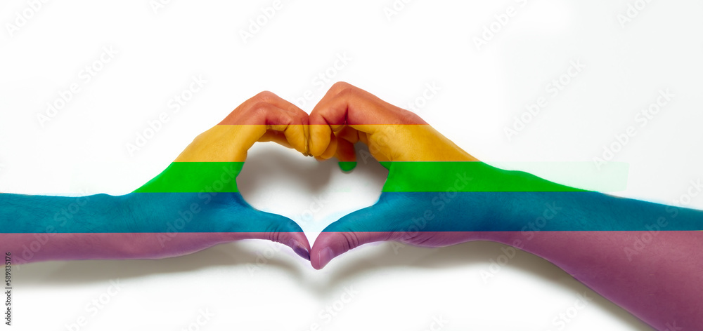 Pride rainbow lgbt gay flag overlay on hand heart LGBTQ+ Pride Month ...