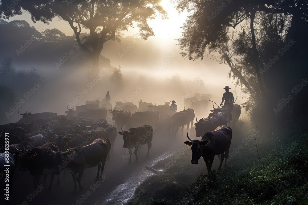 nomadic Fulani herdsmen on their journey, the sun rising behind them ...